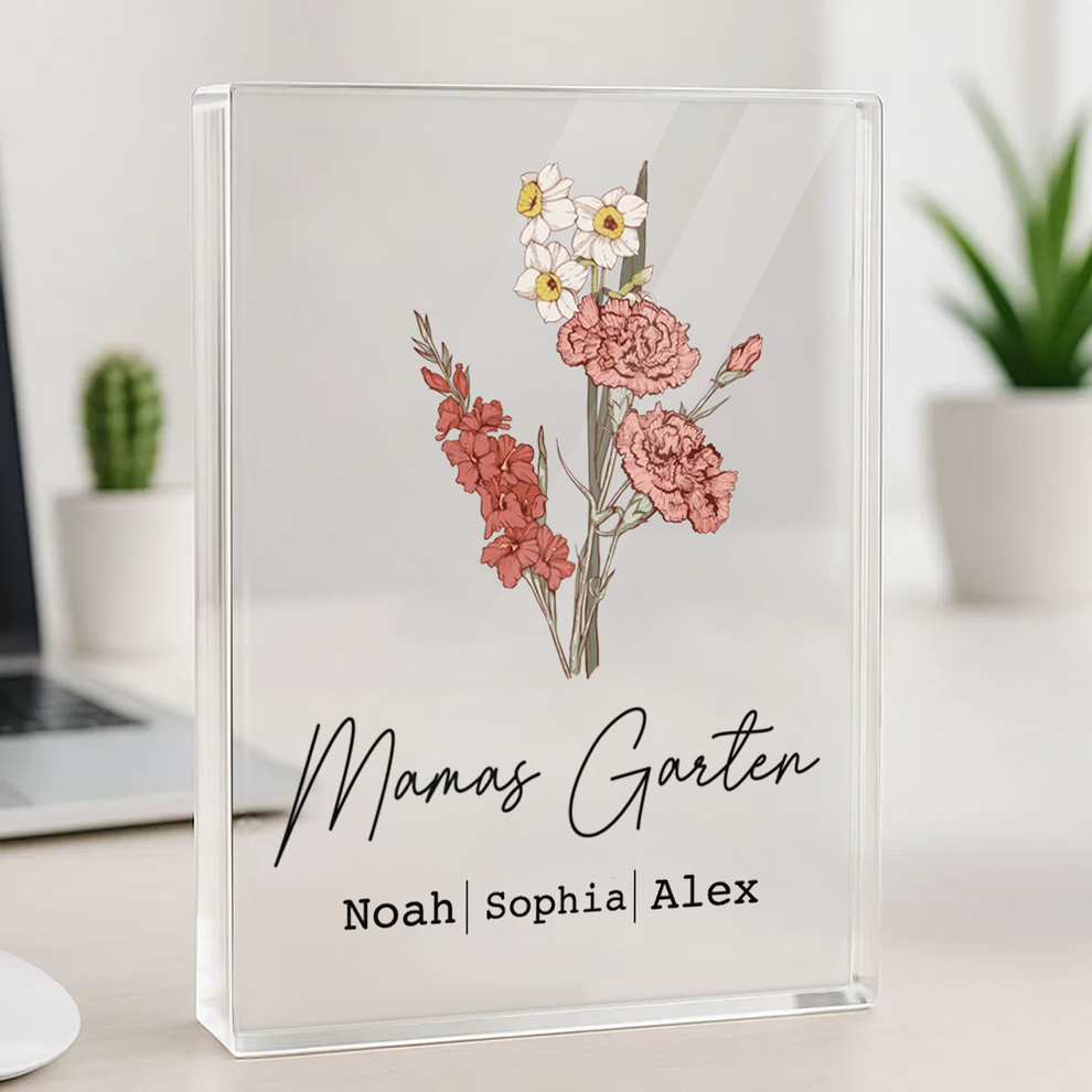 Personalisierter Acrylblock mit Geburtsblumenstrauß, Text und Namen Ge ...